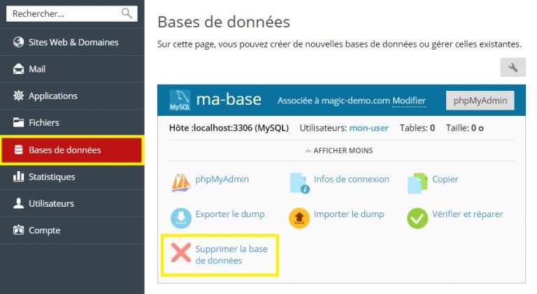 Supprimer ma base de données MySQL - Assistance Nuxit