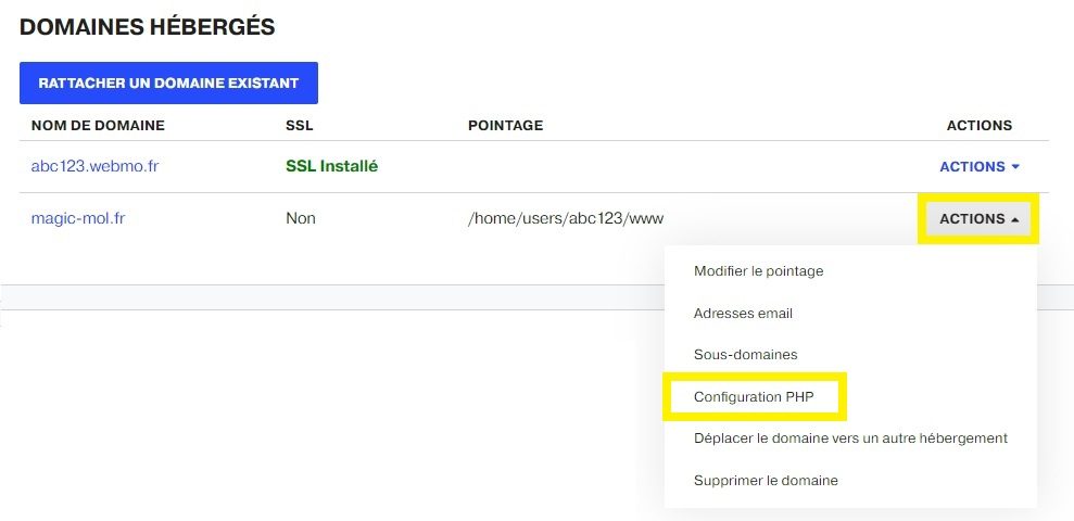 Modifier la configuration et la version de PHP