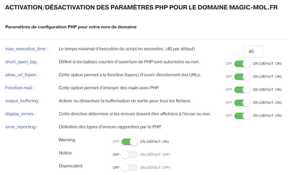 Modifier la configuration et la version de PHP